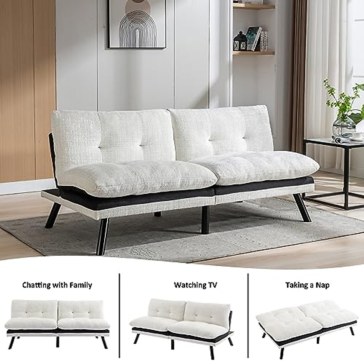 Anwick Futon Sofa Bed Convertible Futon Sleeper Couch, 71" Sleeper Sofa Bed with Adjustable Backrest, Modern Loveseat Couch for Compact Living Room, Apartment, Office (White)