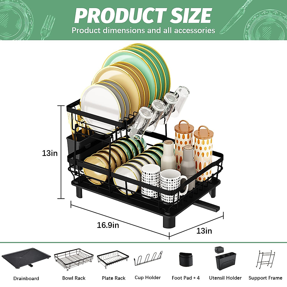 Vanleonet Dish Drying Rack with Drainboard Set, 2 Tier Stainless Steel Large Dish Racks with Drainage, Dish Drainers with Wine Glass Holder, Utensil Holder and Extra Drying Mat