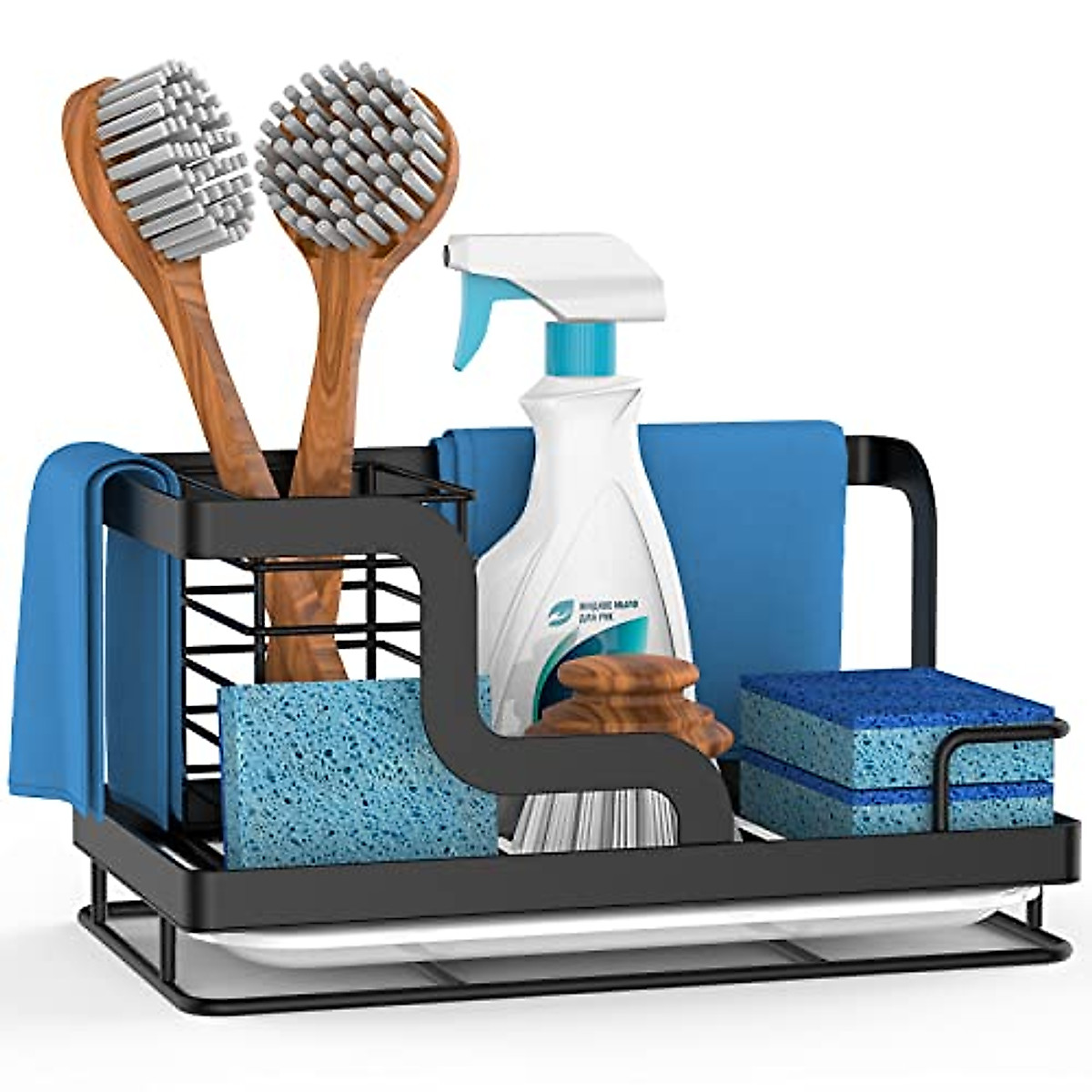 Sink Caddy Sponge Holder,VVHAOS Kitchen Sink Organizer for Dish Rag Soap Brush,Dishcloth Holder with Drain Pan 304 Stainless Steel (Black)