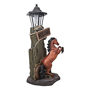 Ebros Large Rustic Country Western Rearing Chestnut Horse by Farm Outpost with Welcome Sign Statue Equipped with Solar LED Lantern Light Stallion Horses Decor Figurine for Patio Poolside Garden Home