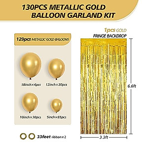 FOTIOMRG 130pcs Metallic Gold Balloon Garland Arch Kit with Fringe Backdrop, 18 12 10 5 inch Chrome Gold Latex Balloons Different Sizes Pack for Engagement Baby Shower Halloween Wedding Birthday Party Decorations