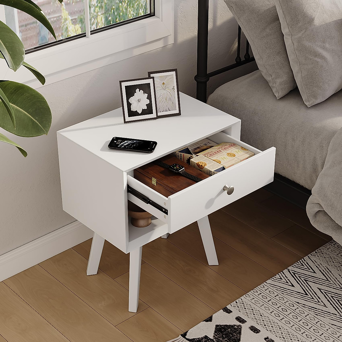 Algherohein 24" H White Nightstand with 1 Drawer, Wood Night Stand for Bedroom, Bedside Table with Open Shelf, 2-Tier Small End Table