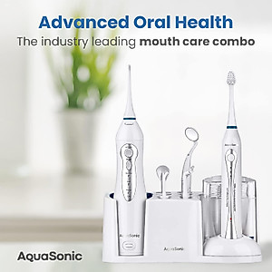 AquaSonic Home Dental Center Rechargeable Power Toothbrush & Smart Water Flosser - Complete Family Oral Care System - 10 Attachments and Tips Included - Various Modes & Timers (White)