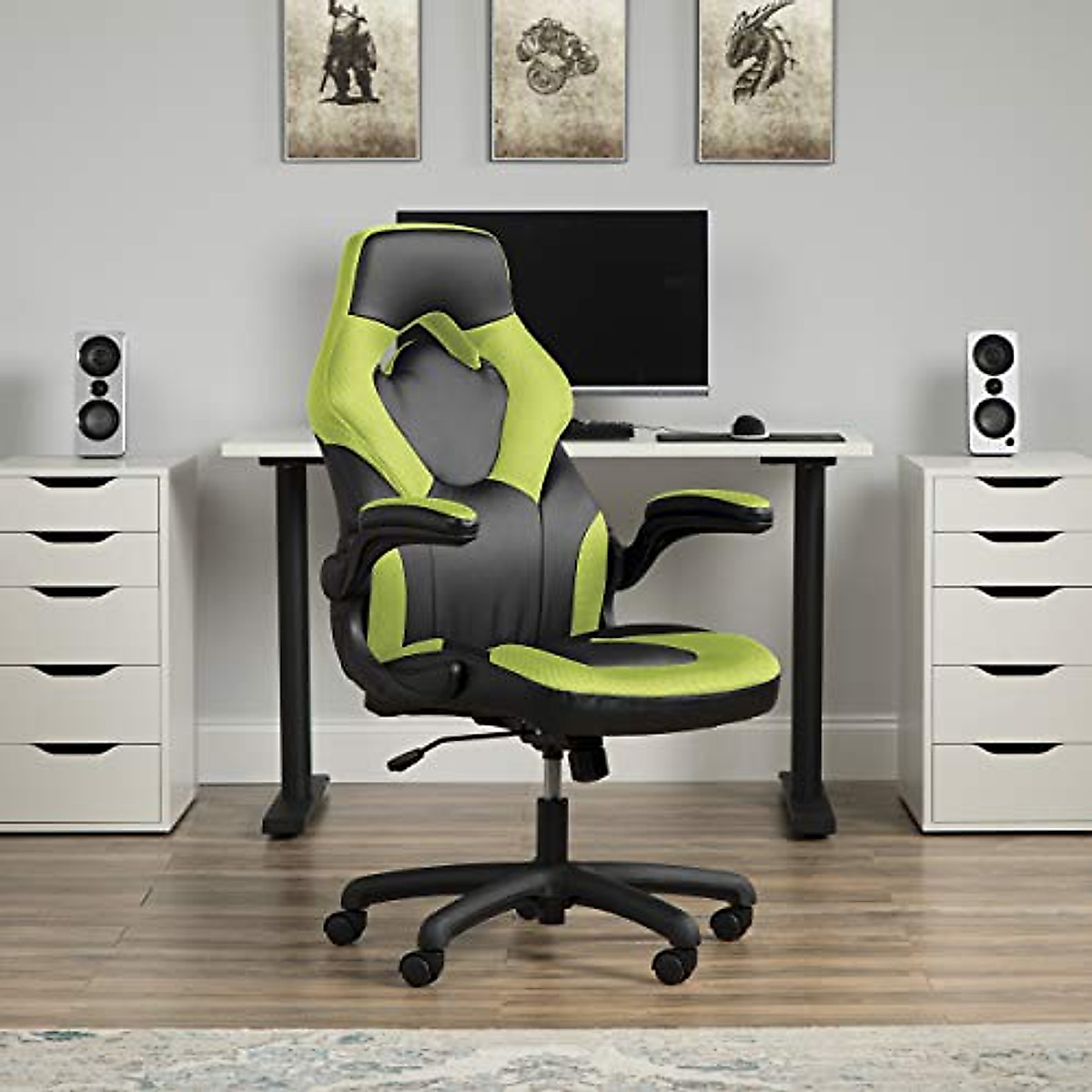 OFM Gaming Chair Ergonomic Racing Style PC Computer Desk Office Chair - 360 Swivel, Integrated Lumbar Support & Headrest, Adjustable Height, Recline Tilt Control, Flip-Up Arms, 275lb Max (2020 Green)