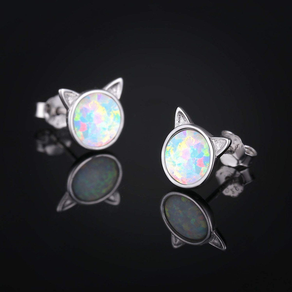 Cuoka Cat Opal Earrings 925 Sterling Silver Cute Opal Cat Stud Earrings Animal Opal Cat Pierced Earrings Jewelry for Women