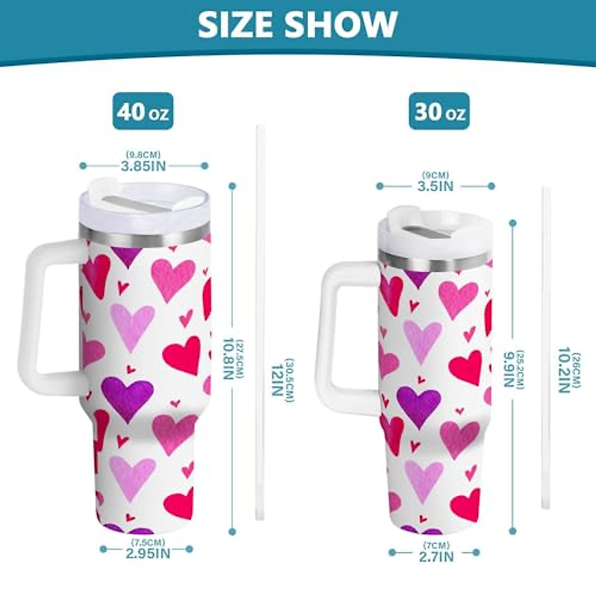 RPLIFE Watercolor Hearts White 40 Oz Tumbler with Handle, Stainless Steel Tumbler with Straw, Coffee Tumbler