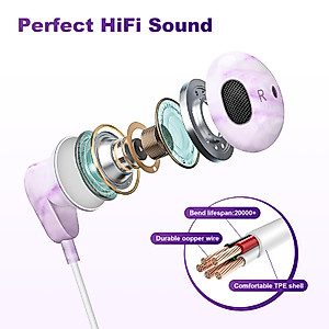 XNMOA Wired Earbuds Headphones,Built-in Microphone & Volume Control&Support Call for iPhone,Wired Earphones for iPhone,Compatible with iPhone 14/13/12/11 Pro Max/Xs Max/Xr/X/7/8 Plus,Purple Marble