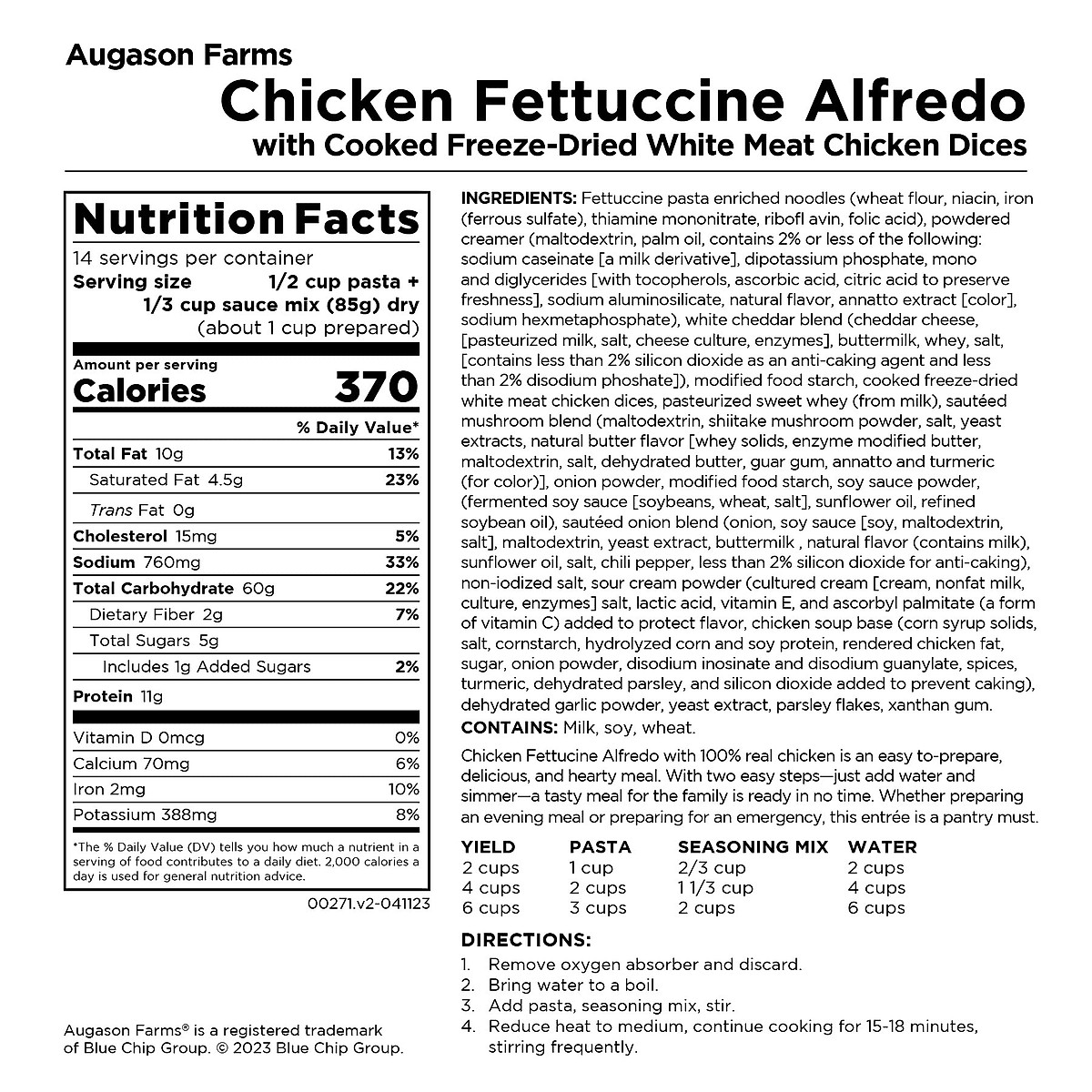 Augason Farms Freeze Dried Chicken Fettuccine Alfredo Kit 42.02 Oz No. 10 Can