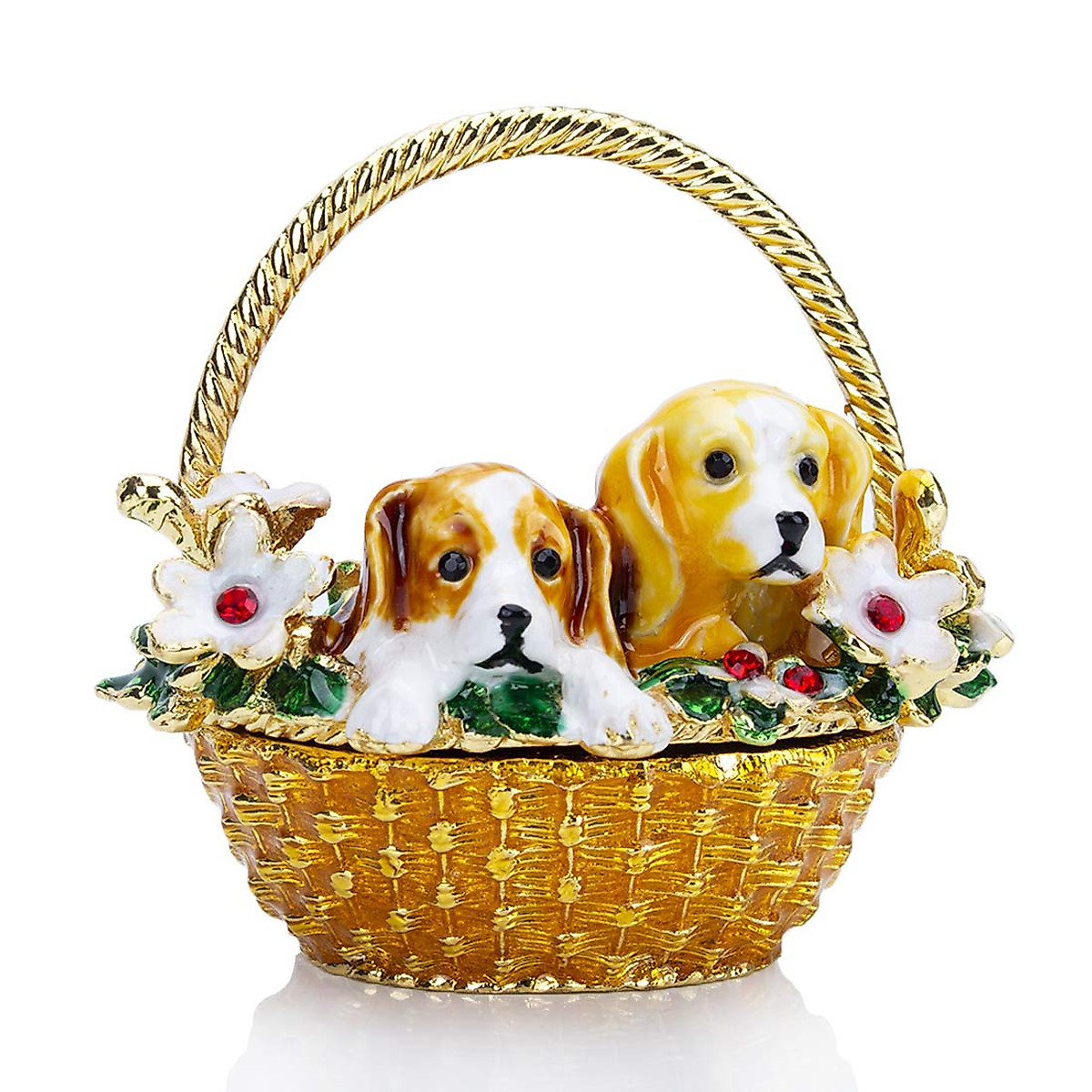 YU FENG Puppy Flower Basket Trinket Boxes Hinged Rhinestones Jeweled Painted Enameled Collectible Dog Animal Figurine Jewelry Holder Box