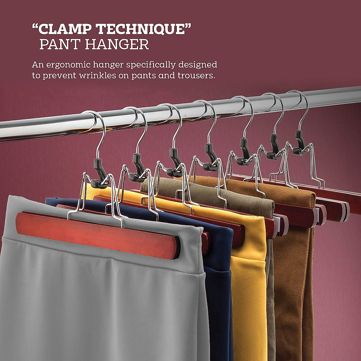 ZOBER High-Grade Wooden Pants Hangers with Clips, 10 Pack, Non-Slip, Space Saver, Rotatable 360 Hook, Smooth Cherry Wood Finish