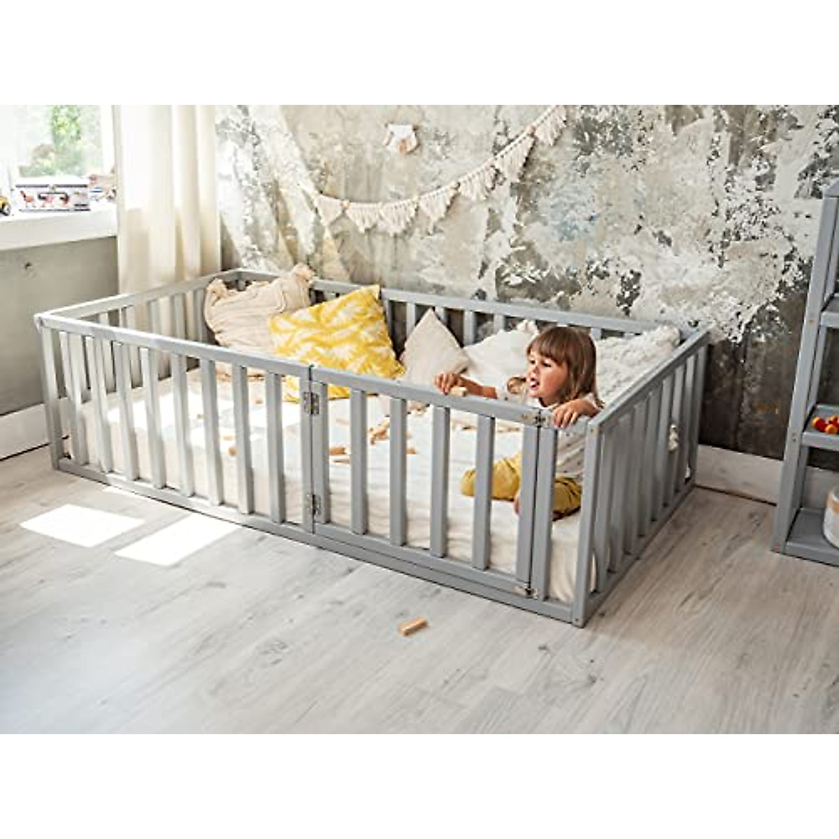 BUSYWOOD Montessori Floor Bed - Toddler Floor Bed - Play Pen - Kids Room Furniture - Wood Bed Fame - Toddler Bed with Rails - Children Play Gym - Waldorf toys (Model 6.2)