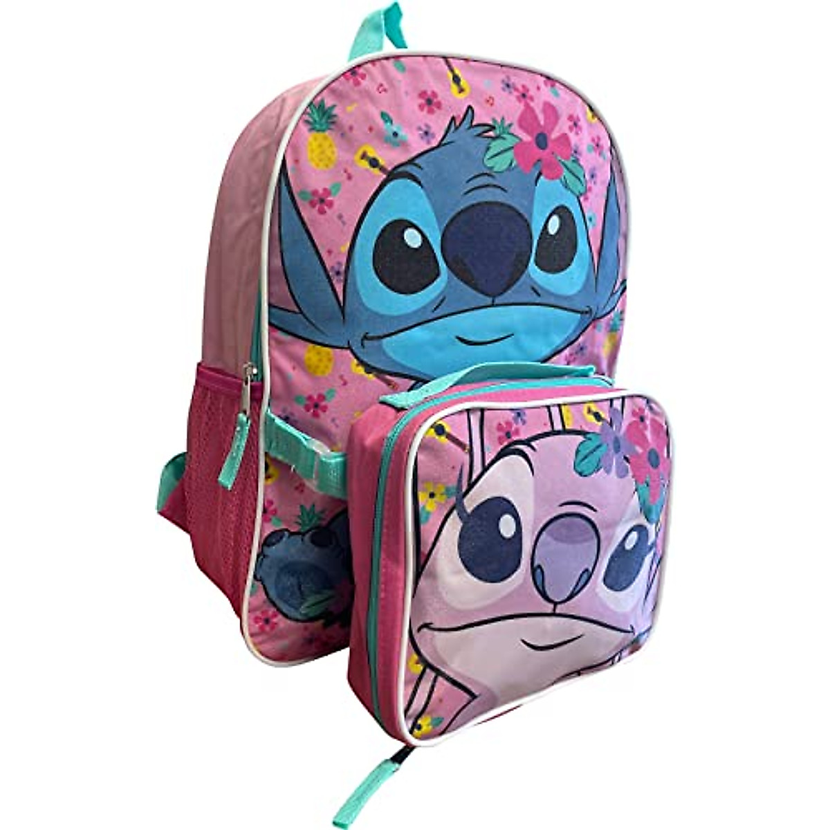 Fast Forward Stitch and Angel 15 Inch Kids Backpack With Removable Lunch Box (Pink-Aqua)