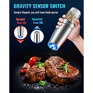 Gravity Electric Pepper and Salt Grinder Set, Salt and Pepper Mill & Adjustable Coarseness, Battery Powered with LED Light, One Hand Automatic Operation, Stainless Steel (Set/Silver)