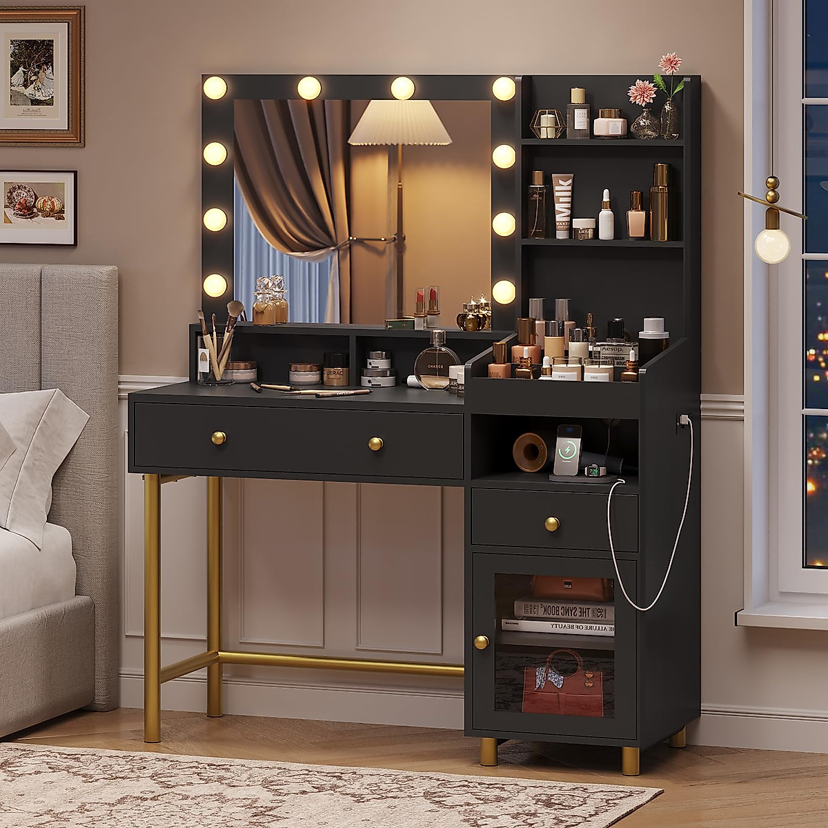 VIAGDO Black Vanity Desk with Mirror and Lights, Makeup Vanity with Charging Station & 3 Storage Compartments, Makeup Desk with Drawers and Open Storage Shelves, Bedroom Dressing Table