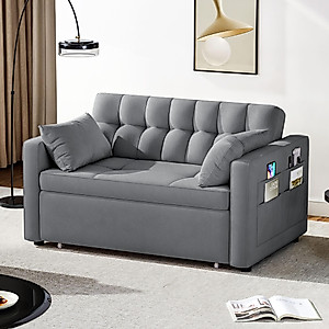 DWVO 55" Cat-Scratch-Proof Fabric Sofa Bed, 3-in-1 Sleeper Sofa with Pull-Out Bed, Convetible Futon Couch with Adjustable Backrest and Side Pocket, Loveseat for Living Room Apartment, Grey, Full Size