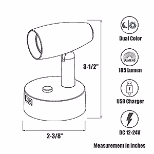 Obeaming RV Reading Light 12V Swivel LED Spotlight with Quick USB Charger& Blue Nightlight, Camper Van Travel Trailer Bed Reading Light, 12-24VDC Hard-Wired (Gloss Black)