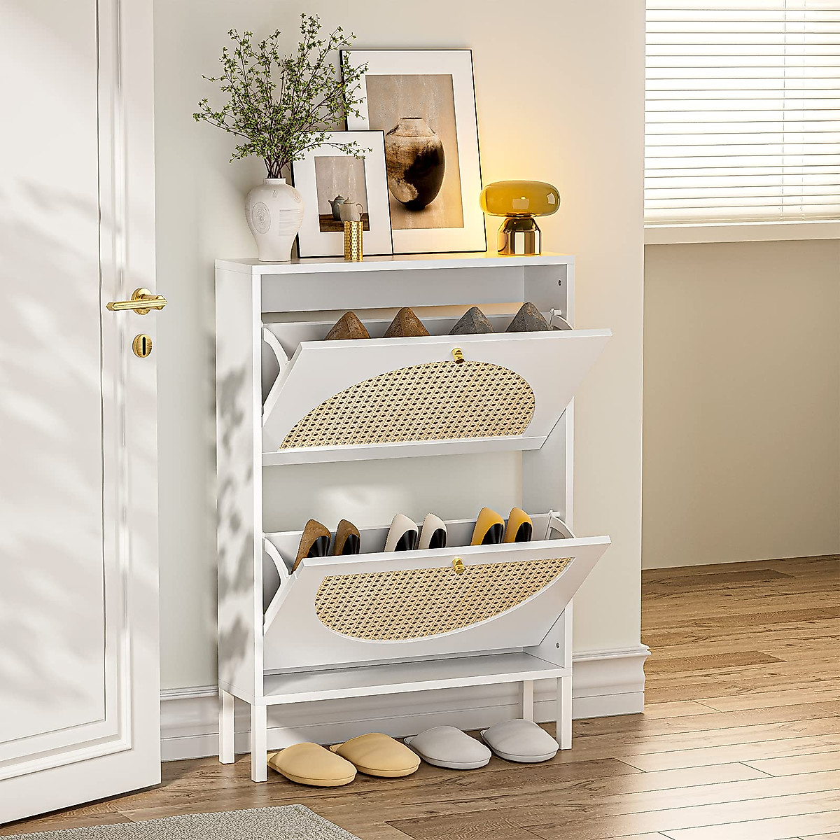 IKIFLY White Rattan Shoe Cabinet with 2 Flip Drawers, Narrow Free Standing Shoe Racks with Metal Legs, Shoe Storage Cabinet for Entryway, Living Room, Apartment