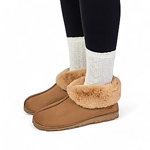 EUROPEAN SOFTEST Women's Micro Suede Faux Fur Fleece Lined Cozy 80-D High-Density Memory Foam Winter Slipper Bootie Breathable House Shoes with Non Skid Indoor Outdoor Sole (5-6, Camel)