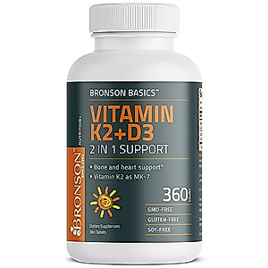 Bronson Basics Vitamin K2 D3 (MK7) Supplement Non-GMO Formula 5000IU (125 mcg) Vitamin D3 & 90 mcg Vitamin K2 MK-7 Easy to Swallow Vitamin D & K Complex, 360 Tablets