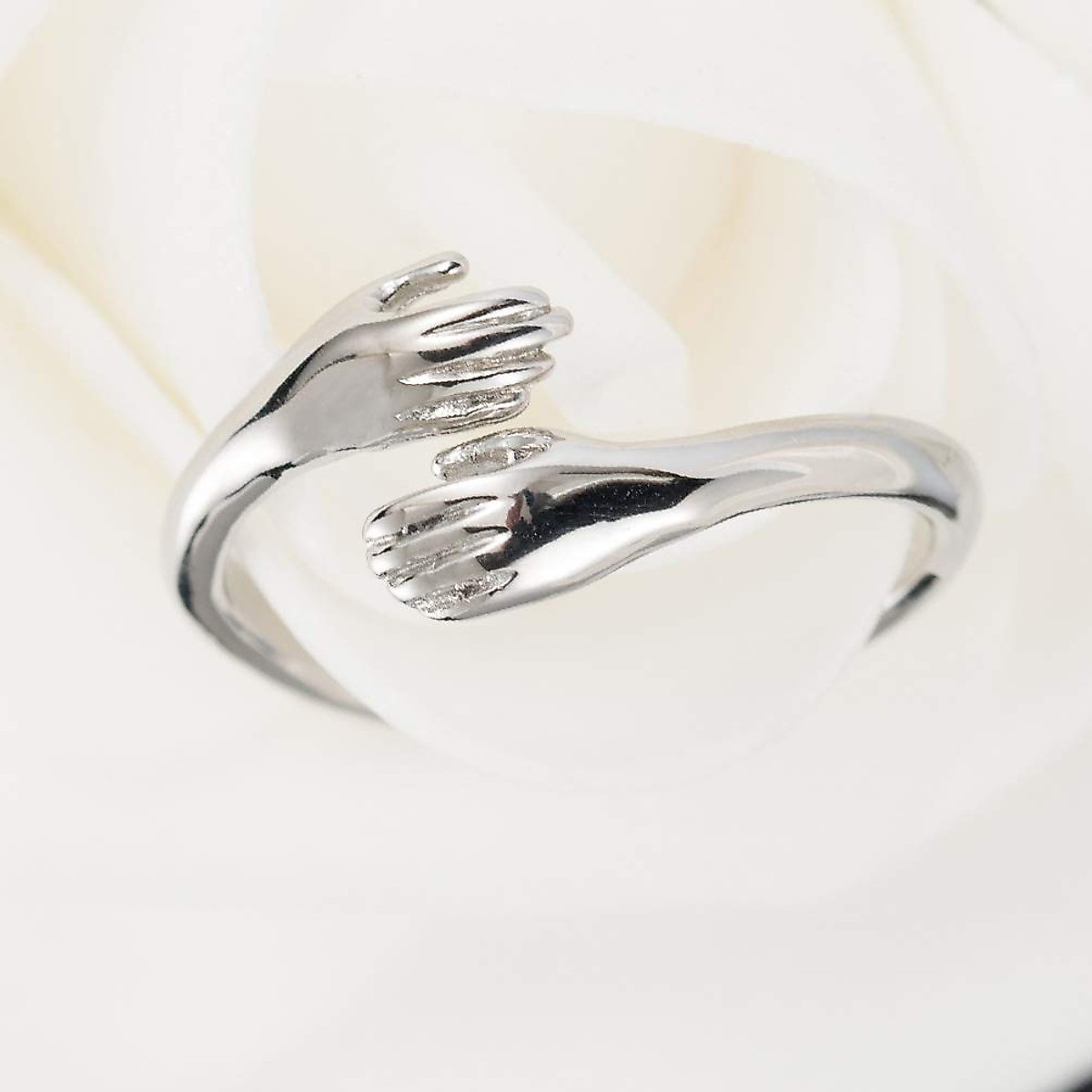 INRENG Unisex Stainless Steel Hands Embrace Open Couples Wedding Ring Romantic Love Hug Jewelry, Silver Size 6