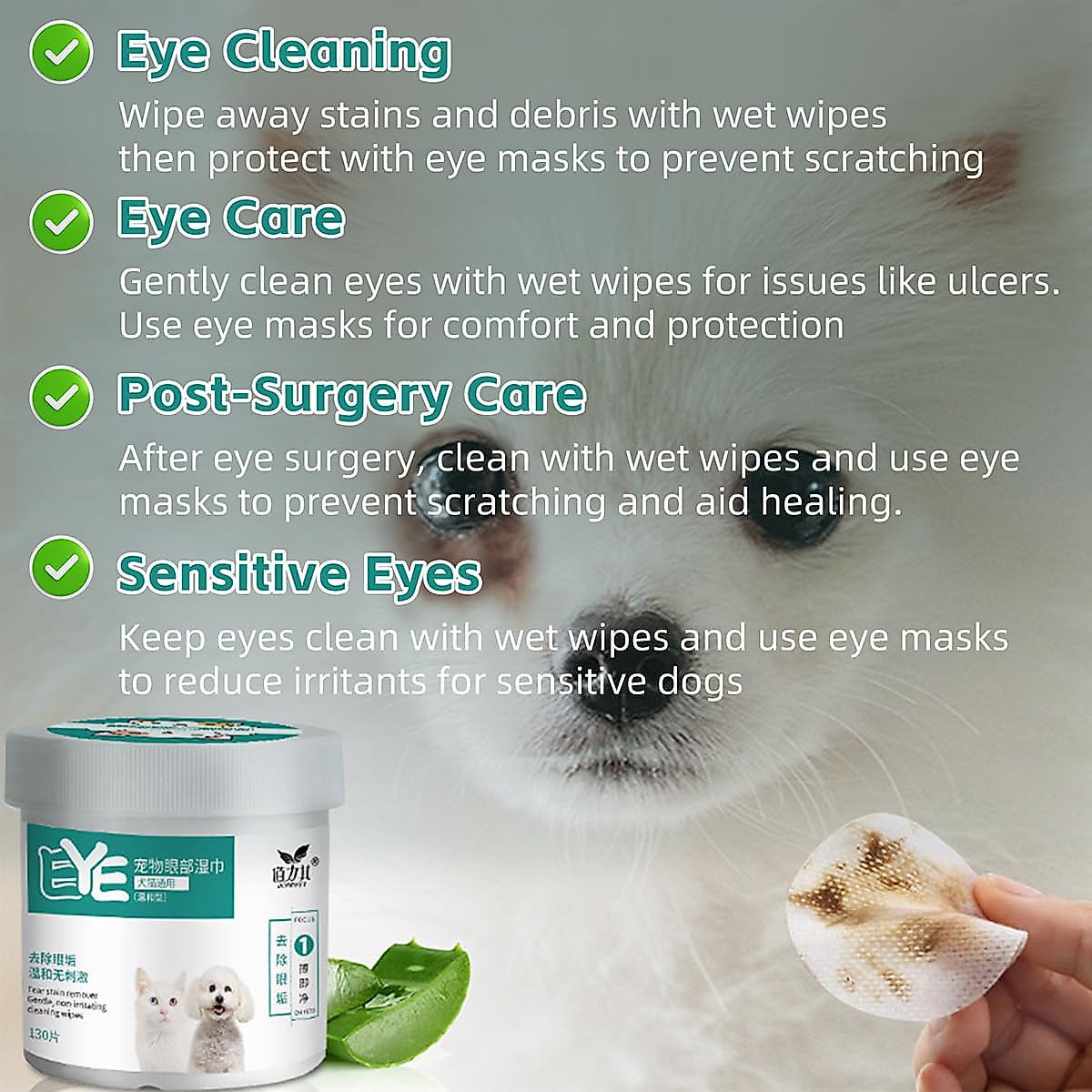 MANON ROSA Eye Care Kit for Dogs Cats for Post-Surgery Care Pet Cleaning Sensitive Eyes(130ct Wipes & 2 Eye Patches) - Ultimate Solution for Alleviating Eye Discomfort (Small,02)