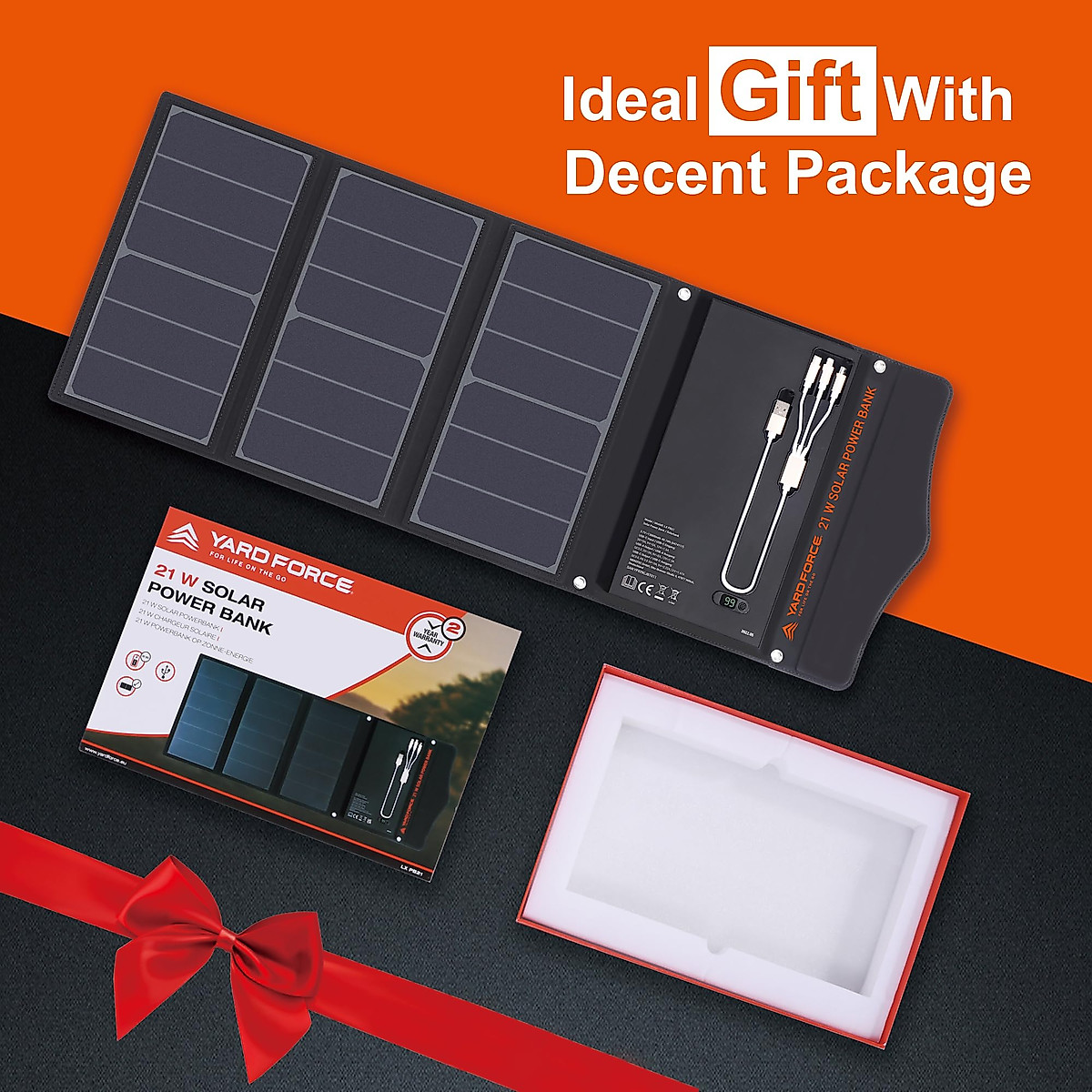 [2023 Red Dot Winner] YARD FORCE 21W & 13000MAH Solar Charger with Battery, Portale Solar Power Bank Built-in 3 in 1 Charging Cable, Qc 3.0 18w Fast Charging, Compatible with Phone, Android. LX PB21