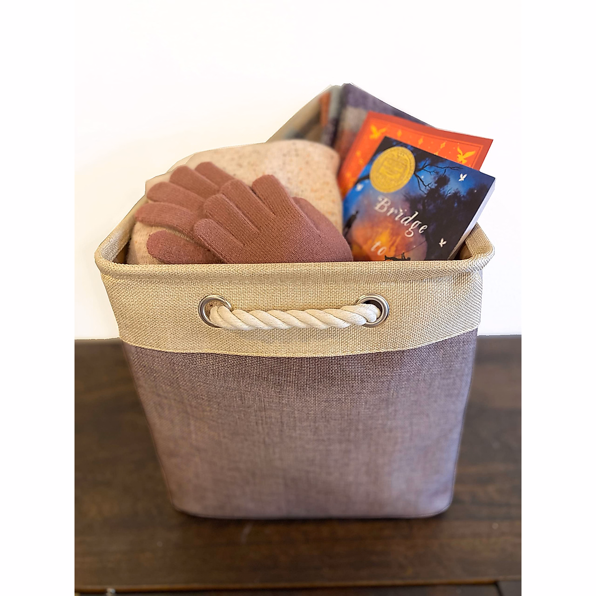 HunnyBunny Foldable Storage Bins - Premium Quality Organizing Baskets for Home Office, Living Room, Bedroom, Kitchen, Bathroom, Nursery, Closet - Collapsible Cube, Cotton Fabric, 13x13 - Pack of 4 (Brown)