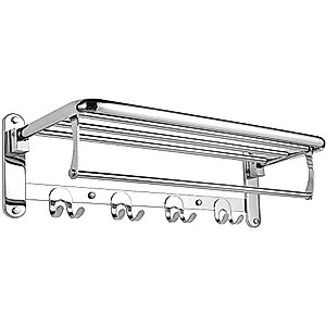 HOONEX Foldable Towel Rack for Bathroom Wall Mounted, 24-Inch Towel Shelf with Towel Hooks and Adjustable Towel Bar, 304 Stainless Towel Holder, Polished Silver