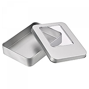 uxcell Metal Tin Box, 2pcs 4.53" x 3.35" x 0.87" Rectangular Empty Tinplate Storage Containers with Clear Window Lids, Silver Tone