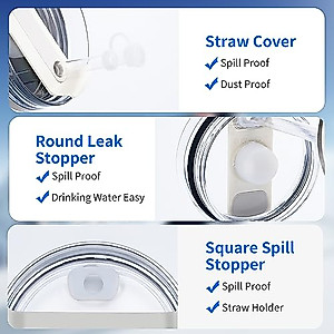 SunDiao 9Pcs Silicone Spill Proof Stopper Set, Compatible with Stanley Cup H2.0 40oz/ 30oz, Stanley Cup Accessories with 3 Straw Cover Caps, 3 Square Spill Stoppers and 3 Round Leak Stoppers, Clear