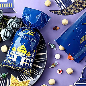 100 Pieces Eid Mubarak Party Treat Bags, Ramadan Theme Printed Pattern Gift Bags Cellophane Clear Plastic Goodie Favor Bags with Silver Twist Ties for Eid Mubarak Party