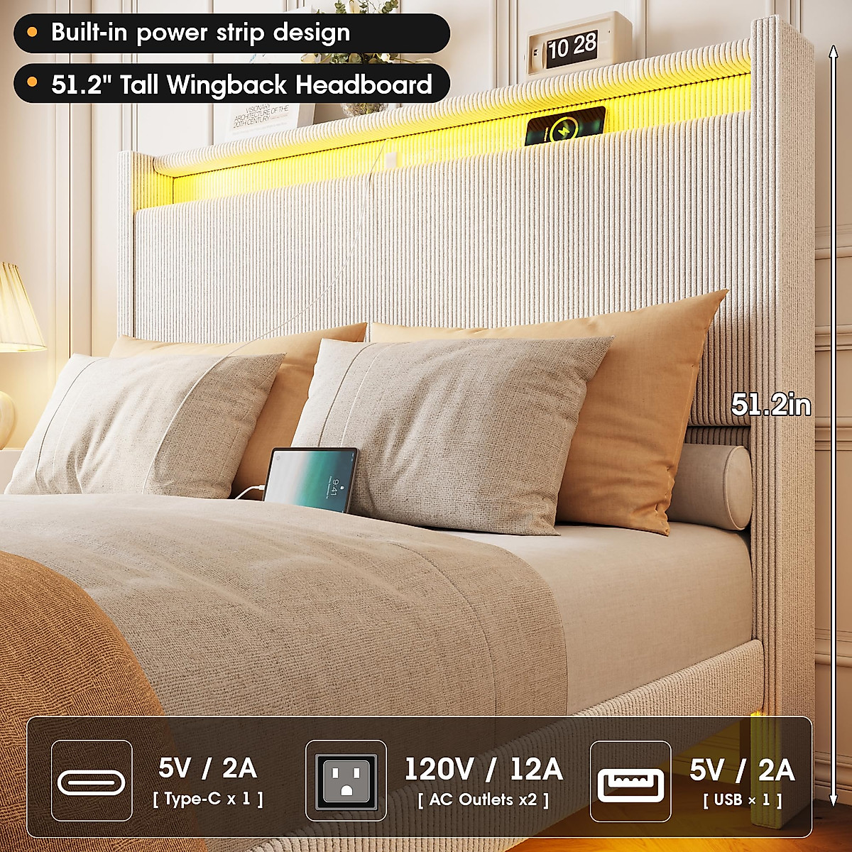 Fameill Queen Size Floating Bed Frame Metal Platform Bed with Charging Station, LED Lights, Comfy Corduroy, Tall Headboard Queen Bed Frame, No Box Spring Needed, Easy Assembly, Beige