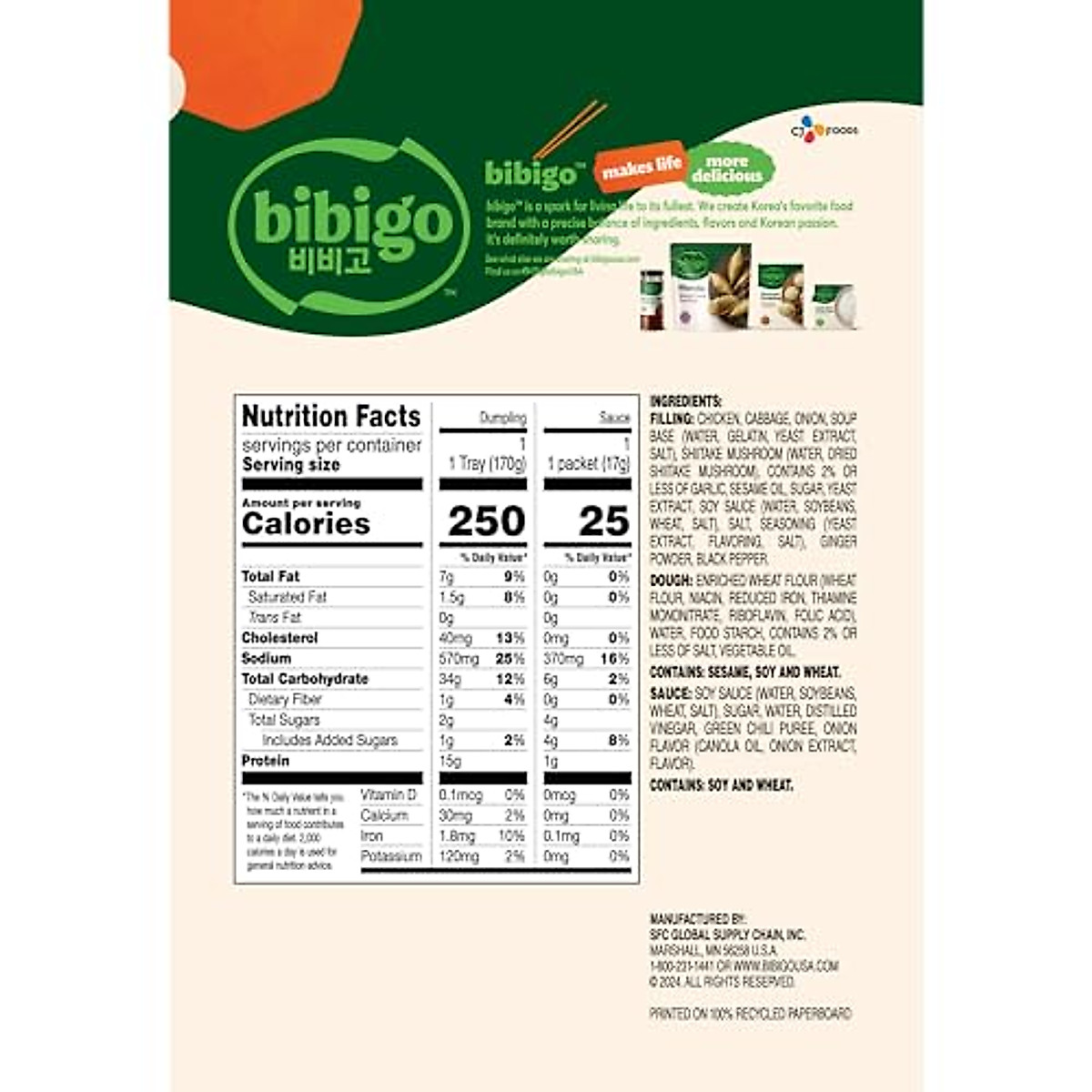Bibigo Chicken and Vegetable Steamed Dumplings, 6 Oz