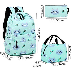Backpack for School Girls Kids Bookbag Set Water Resistant School Bag with Insulated Lunch Bag (Cat-Water Blue)
