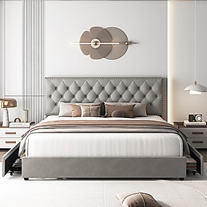 HOSTACK King Size Bed Frame with 4 Storage Drawers, Modern Upholstered Platform Bed with Adjustable Headboard,Button Tufted Bed Frame with Wood Slat Support,No Box Spring Needed(Grey, King)