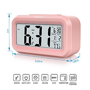 Miowachi Digital Alarm Clocks for Bedrooms Battery Operated,Snooze,Night Light Easy Setup Small Clock for Kids Pink