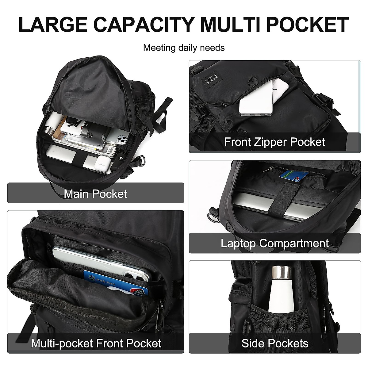 Simple Mens Backpacks for Working with Laptop Compartment,Camping Rucksack School Backpack Bookbag for Men College Students,Lightweight Durable Hiking Travel Computer Bag Fits 15.6 Inch Notebook,Black