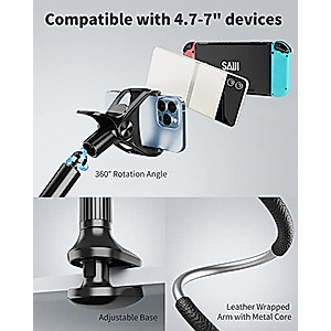 SAIJI Gooseneck Phone Holder for Bed Overall Length 38.6” Flexible Leather Wrapped Arm Overhead Cell Phone Mount Stand with 360° Adjustable Clamp Clip, Compatible with All 4-7” Cellphones (Black)