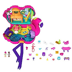 Polly Pocket Travel Toy, Flamingo Party Playset with 2 Micro Dolls and 26 Surprise Accessories, Animal Toy Compact