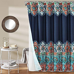 Lush Decor Navy Bohemian Meadow Polyester Shower Curtain with Lining and Rings (72" x 72")