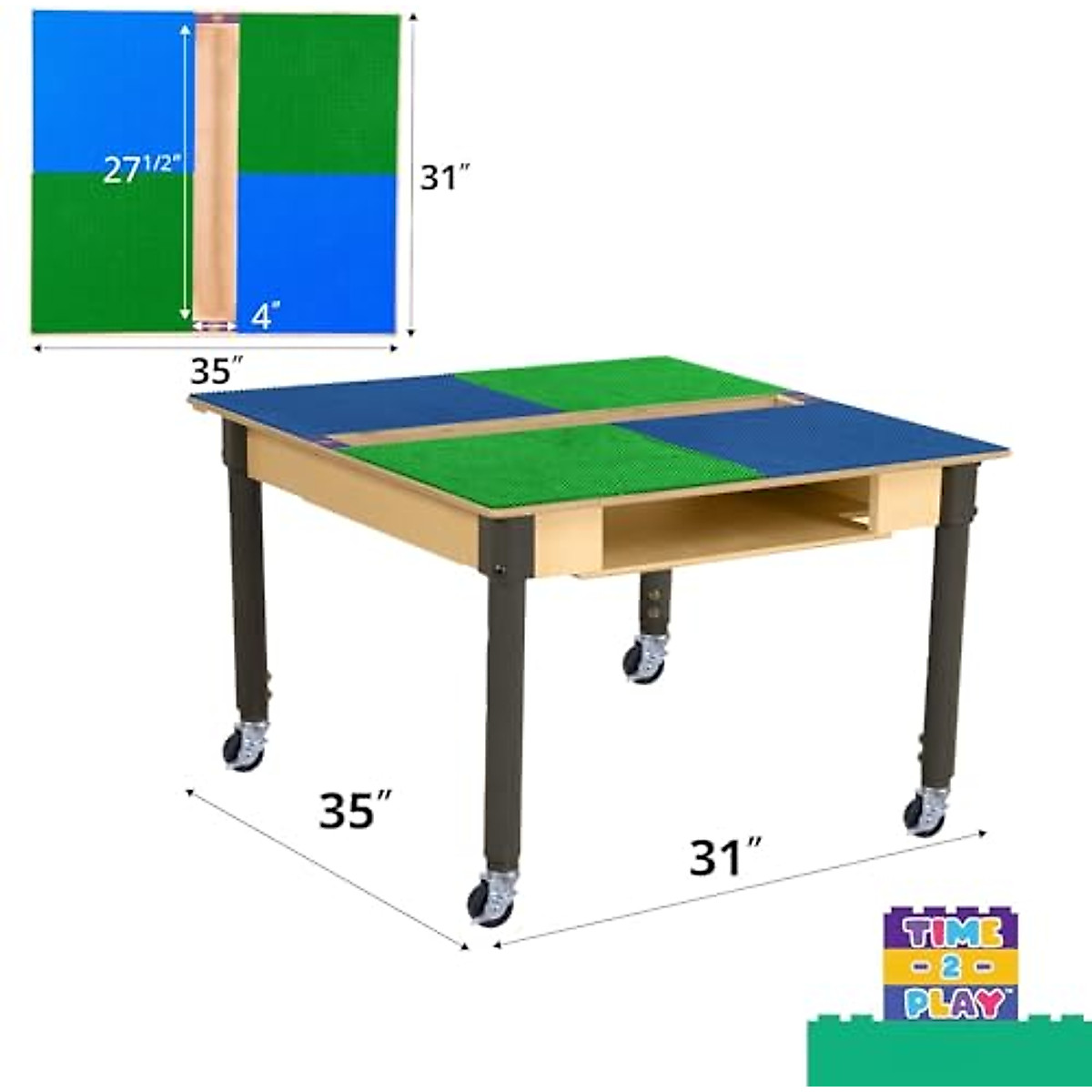 Time-2-Play Play Table Large 35” x 31” Surface Birch Plywood Red & Blue Montessori Lego Compatible Building Blocks Table with Trough for Kids 18”-29” Adjustable Legs (Caster Wheels, Blue & Green)