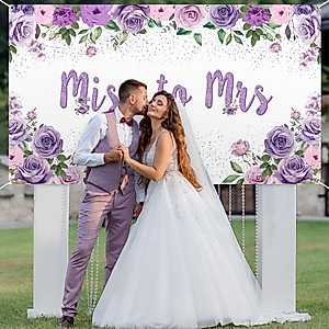 WATINC XtraLarge Miss to Mrs Bridal Shower Backdrop Banner Decorations, Purple Floral Rose Gold Glitters Confetti Decors, Wedding Bride to Be Engagement Party Photo Booth Prop for Indoor Outdoor Wall