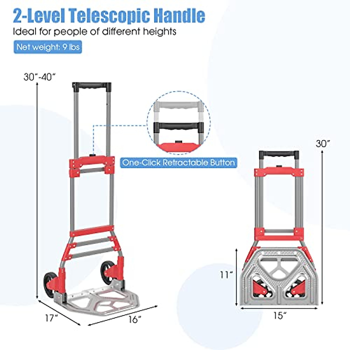 Goplus Folding Hand Truck, Lightweight Dolly Cart with Bungee Cord, Telescoping Handle, 2 Wheels, Portable Hand Cart for Office Home, Foldable Hand Truck Dolly