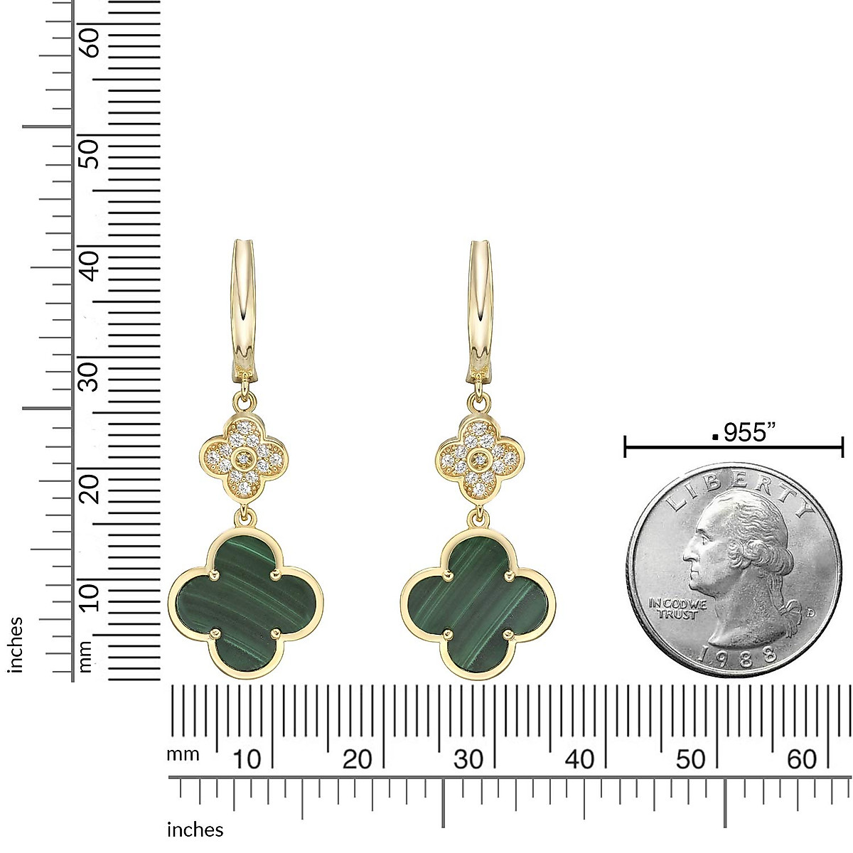 Lavari Jewelers Elegant Flower Drop Earrings for Women - Green Malachite & Cubic Zirconia in 925 Sterling Silver Clover Dangle Earrings - Hypoallergenic Yellow Gold Plated - Secure Hinge Post