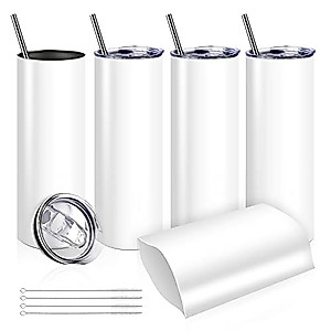 Munskine 4 Pack Sublimation Tumblers 20 Oz Skinny Stainless Steel Double Wall Tumbler Blanks - Sublimation Tumblers with Lid, Straw, Brush & Shrink Wrap -White