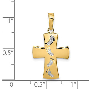Diamond2Deal 14K Yellow Gold And White Rhodium Plated Footprints Religious Crucifix Cross Pendant