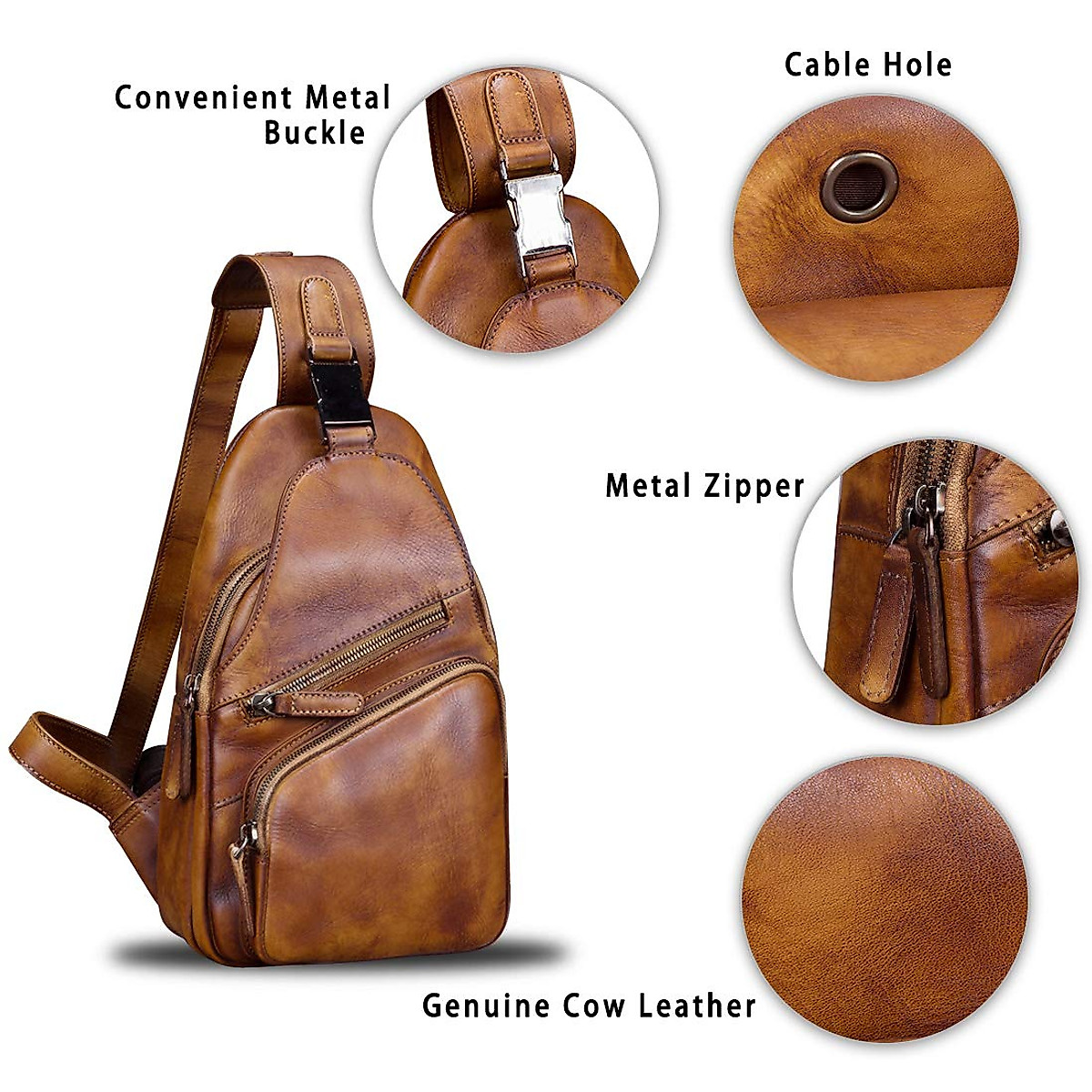 Genuine Leather Sling Bag Chest Shoulder Hiking Backpack Vintage Handmade Crossbody Daypack (Brown)
