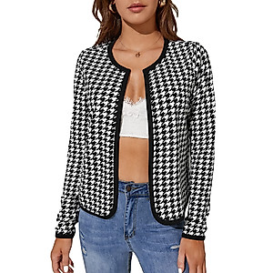 WDIRARA Women's Houndstooth Open Front Long Sleeve Plaid Work Office Elegant Jacket Black and White Tall S