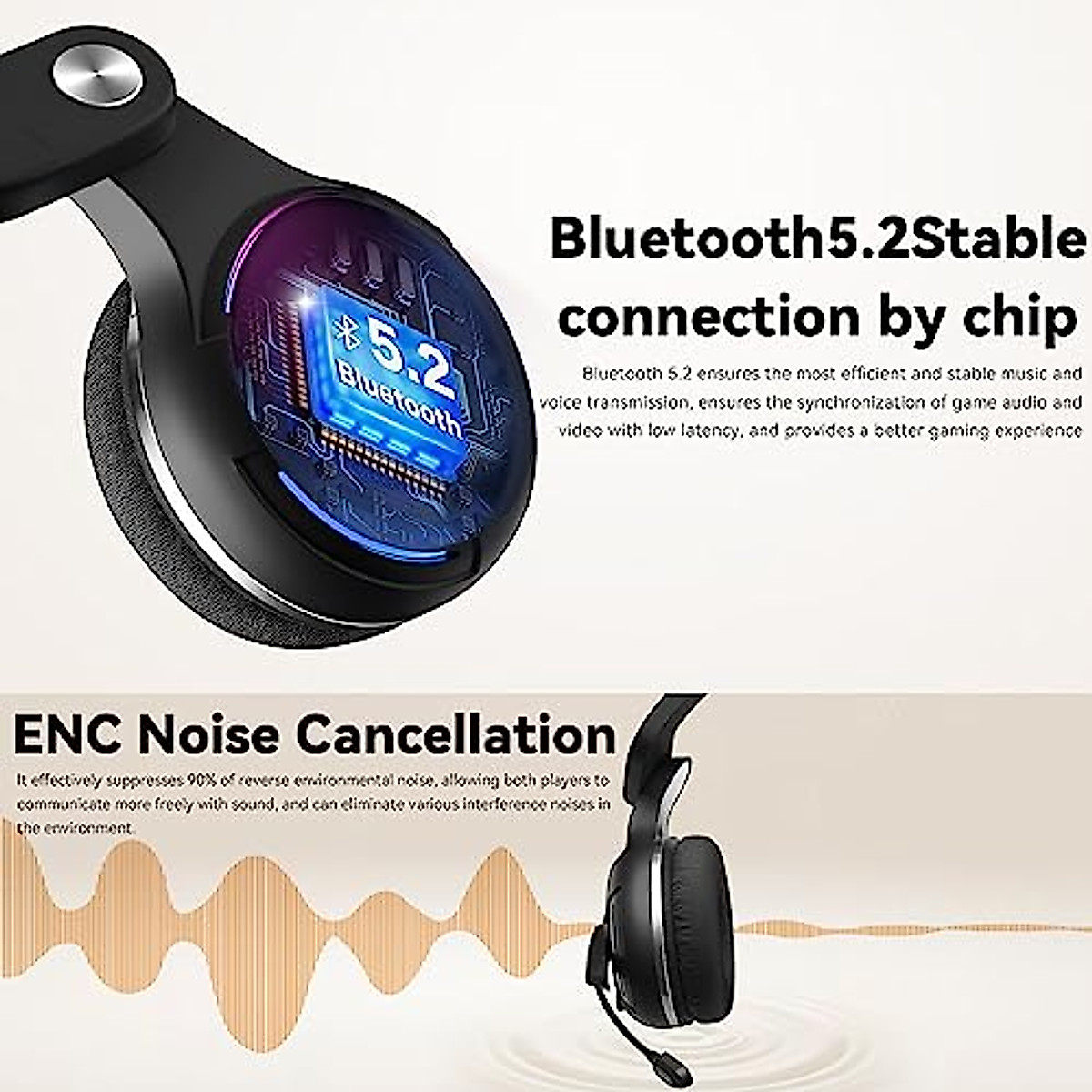 Wireless Headphones Over Ear for Active Noise Cancelling Headphones Bluetooth Headset with Microphone Dance Music DJ Headphones Designed for Game Calls and Music, Foldable to Save Space etc (Black)