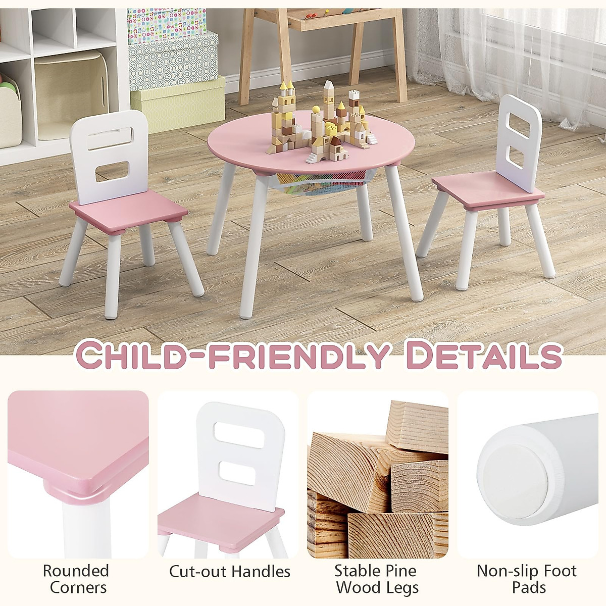 Costzon Kids Table and Chair Set, Wood Activity Table w/Center Mesh Storage, Children Furniture Gift for Boys & Girls, Ideal for Arts, Crafts, Snack Time, Homework, Toddler Table and Chair Set (Pink)